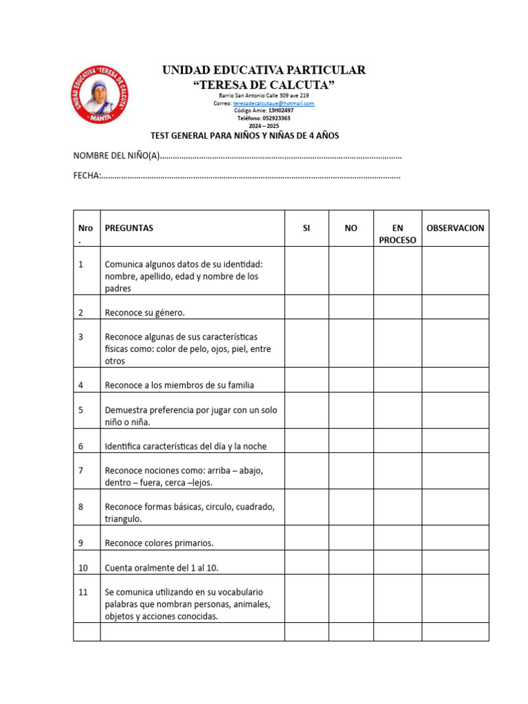 Test General de Niños y Nñas de 4 Años | PDF