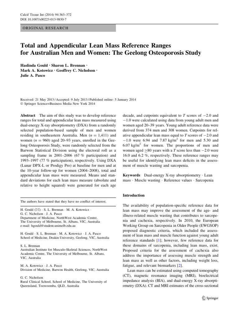 2014 - Total and Appendicular Lean Mass Reference Ranges | PDF ...