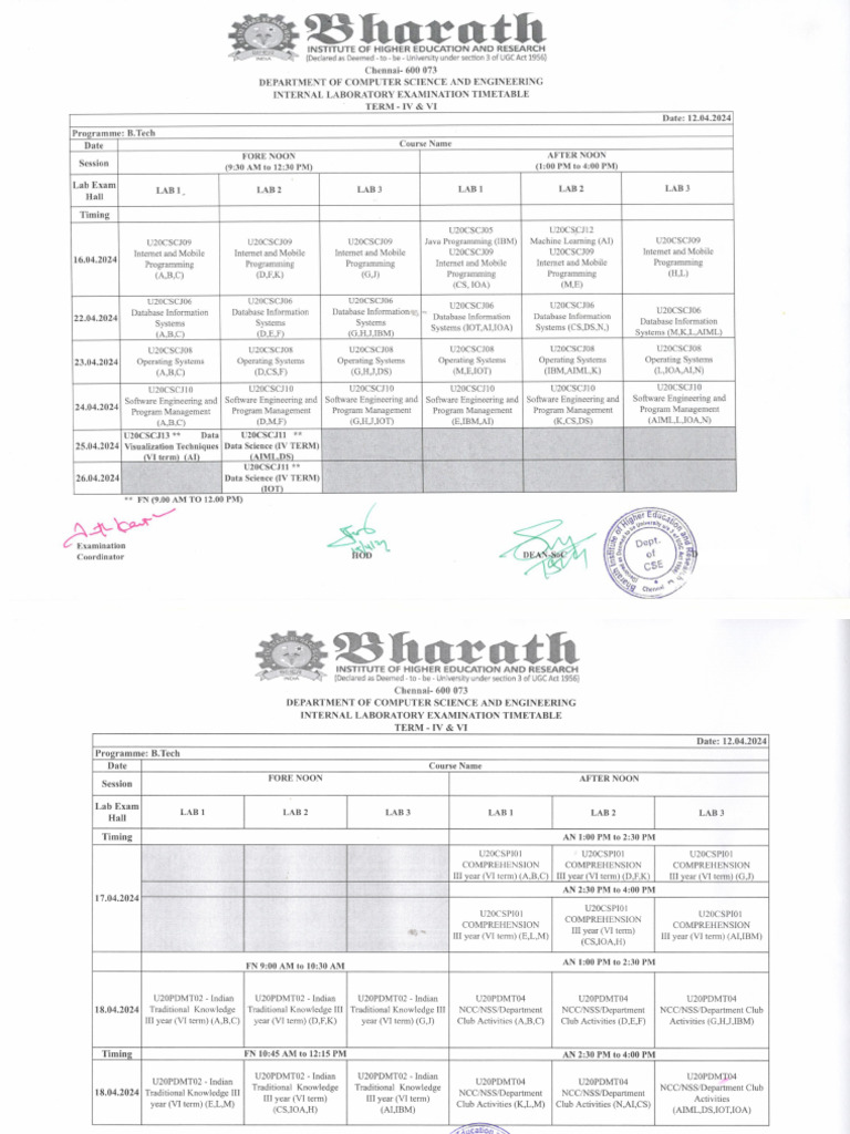 II & III Year Internal Laboratory Examination Time Table | PDF