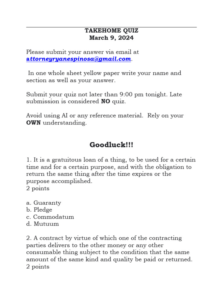 Take Home Quiz March 9 2024 | PDF | Mortgage Law | Law Of Agency