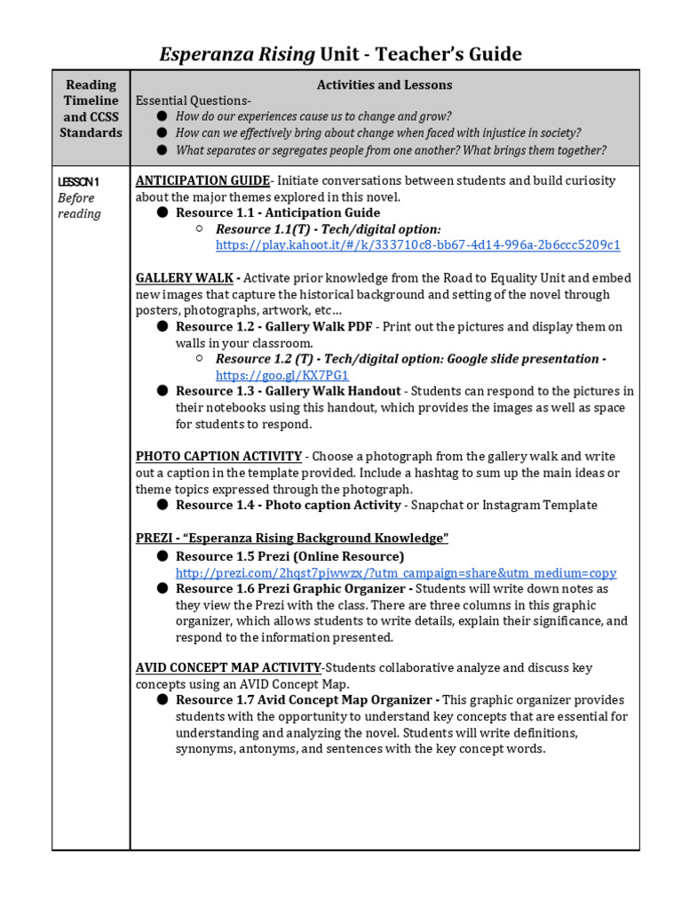 Esperanza Rising Teachers Guide | PDF | Reading Comprehension | Essays