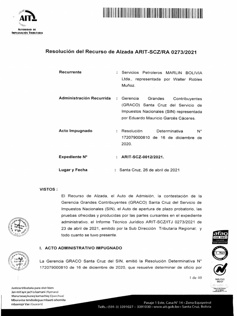 Arit SCZ Ra 0273 2021 | PDF | Factura | Impuestos