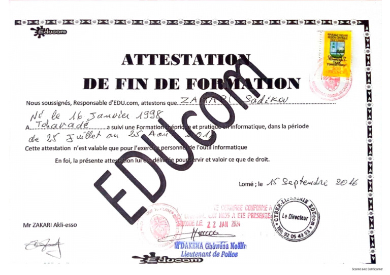 Attestation de Formation en Informatique | PDF