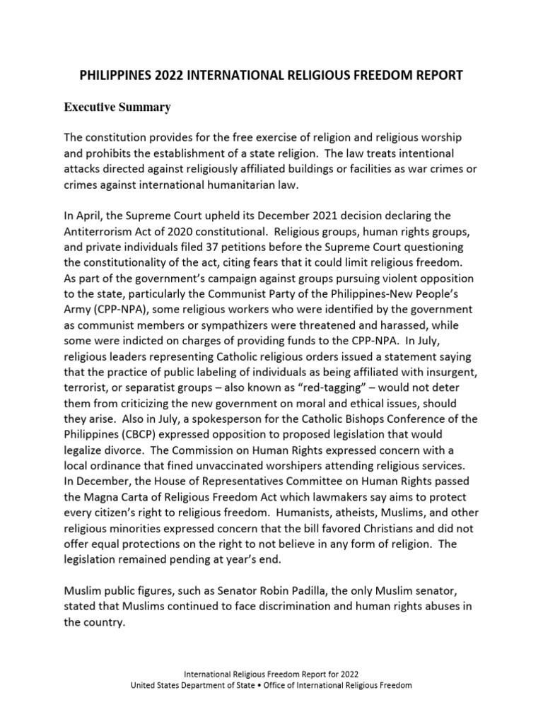 Philippines 2022 International Religious Freedom Report | PDF | Freedom Of Religion | Mindanao
