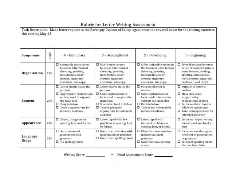 Business Letter Writing Rubric | PDF | Signature | Linguistics