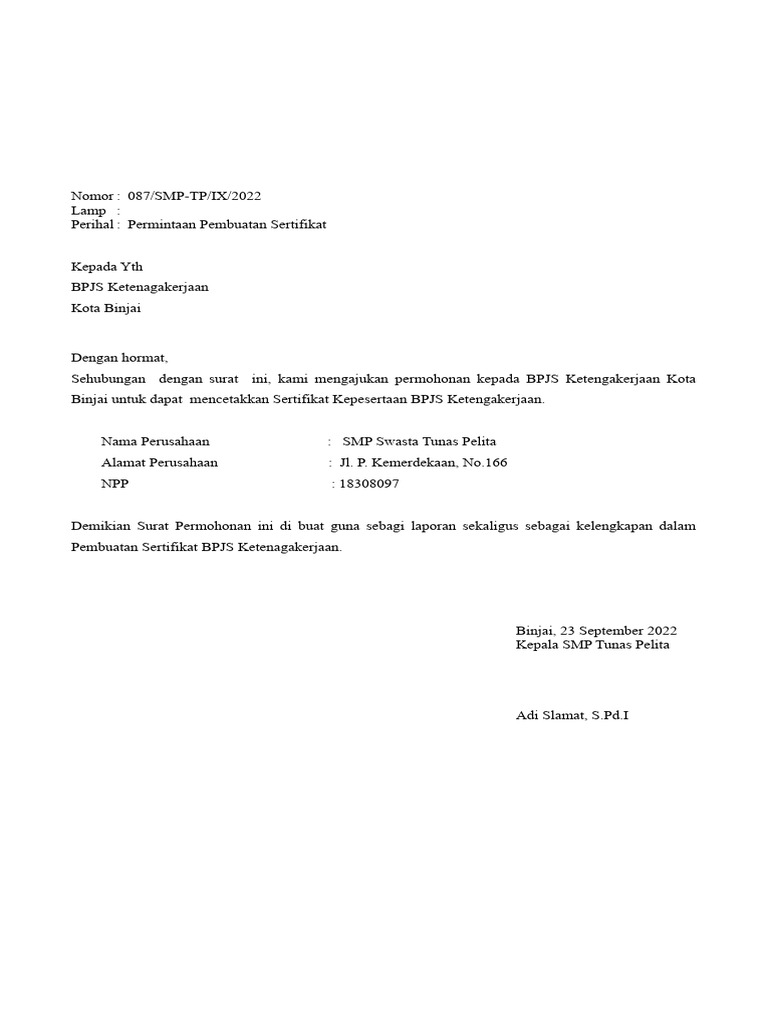 Surat Permohonan Sertifikat Bpjs | PDF