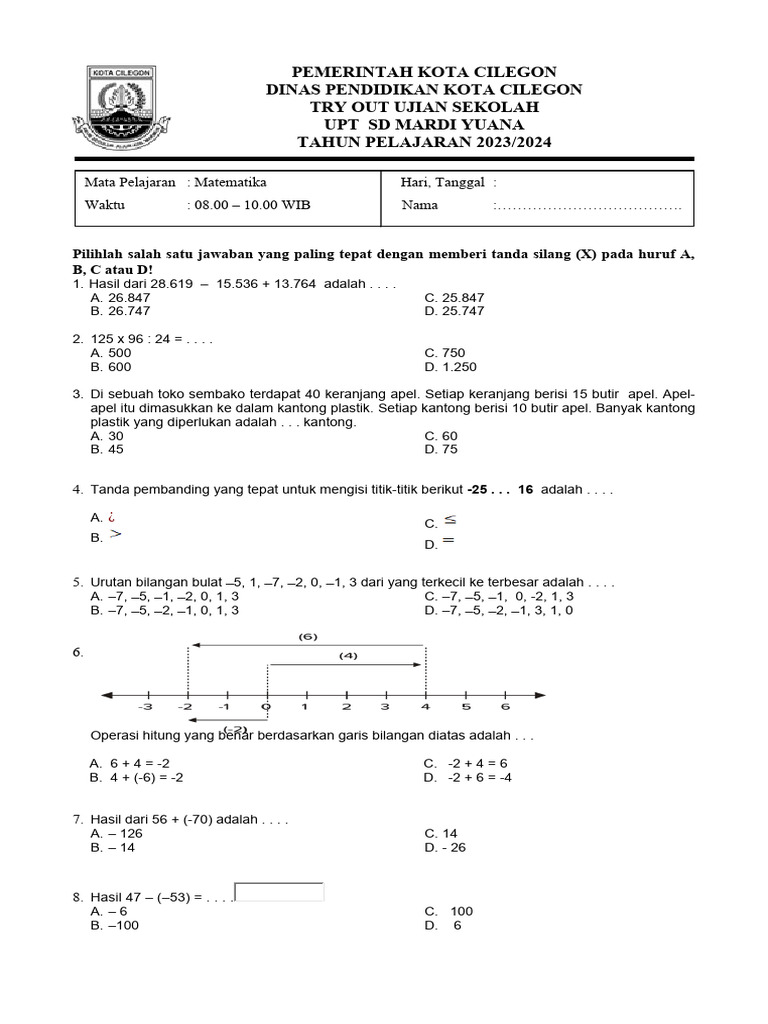 Try Out Matematika SD Cilegon | PDF