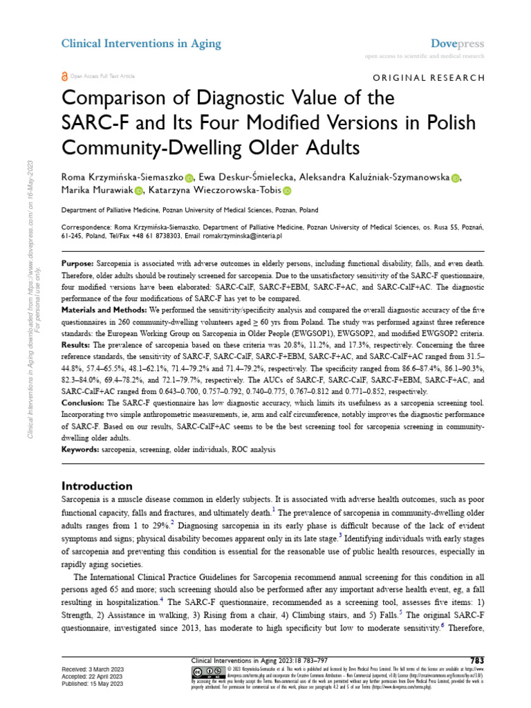 2023 - Comparison of Diagnostic Value of The SARC-F and Its Four ...