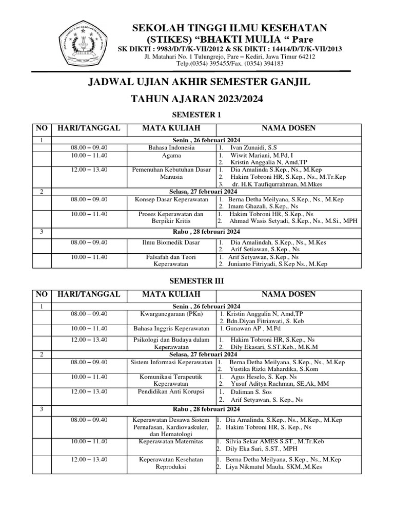 Jadwal Uas Semester Ganjil 2023-2024 | PDF