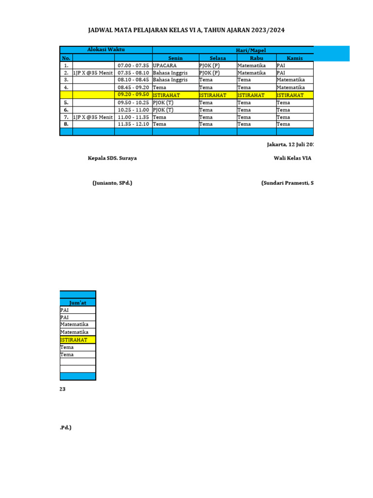 Jadwal Pelajaran Kelas 6a | PDF