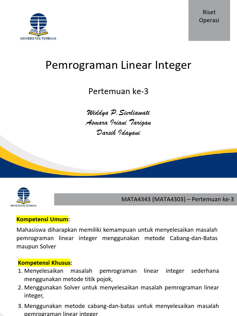 Sesi 3 - Pemrograman Linear Integer | PDF | Metode & Bahan Ajar | Sains & Matematika