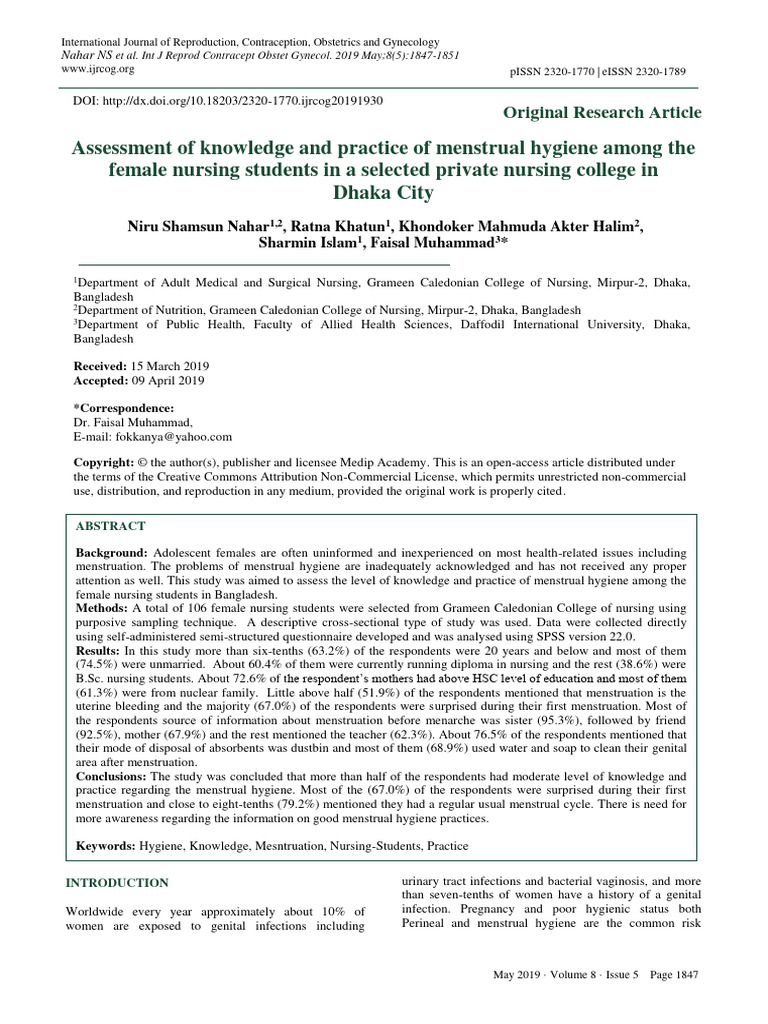 Assessment of Knowledge and Practice of of Menstrual Hygiene Among The ...