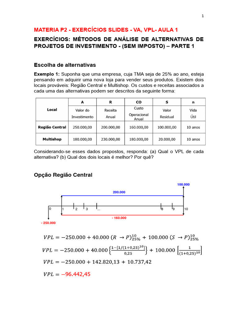 Materia P2 - Exercicios Slides - VA, VPL - Aula 1 | PDF | Valor Presente líquido