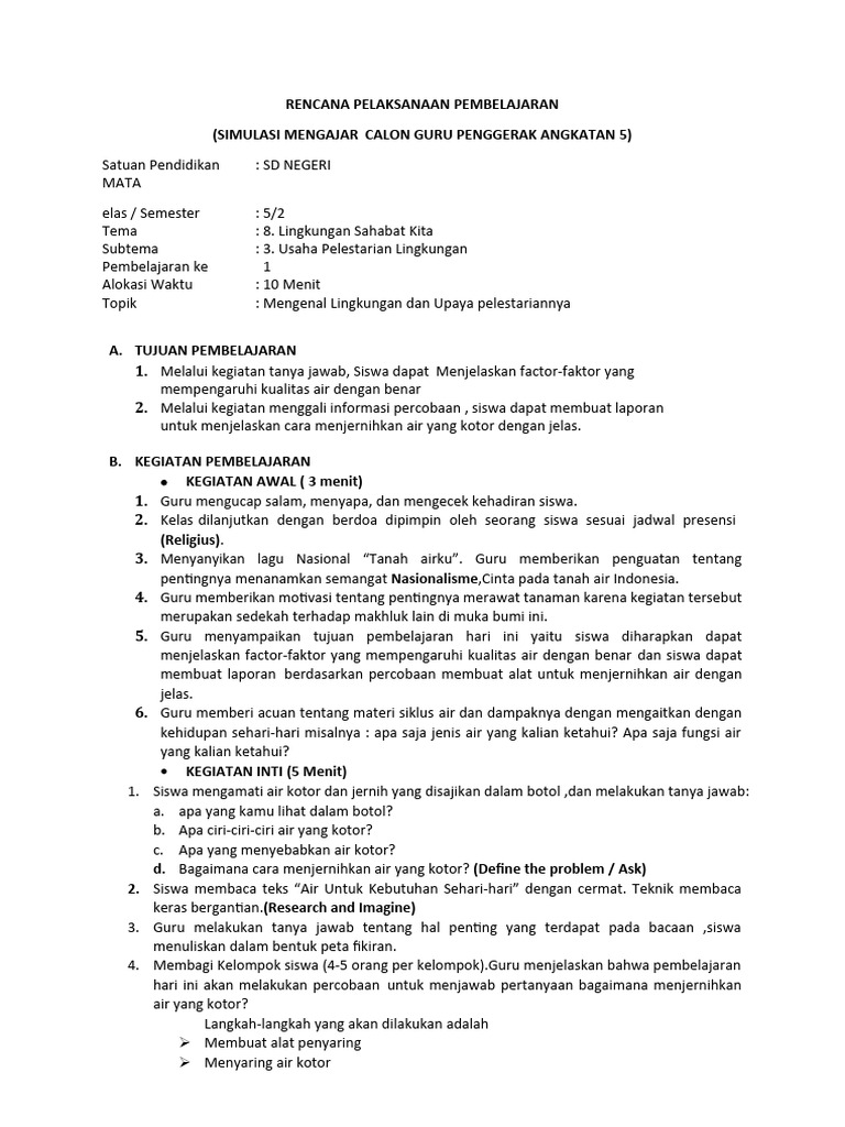 RPP Ipa Kelas 5 Stem Alat Penjernih Air | PDF