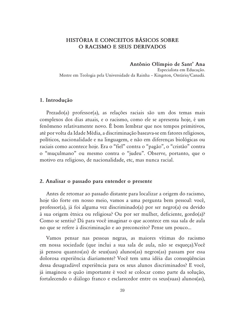 Antônio Olímpio de Sant Ana - História e Conceitos Básicos Sobre o Racismo e Seus Derivados ...