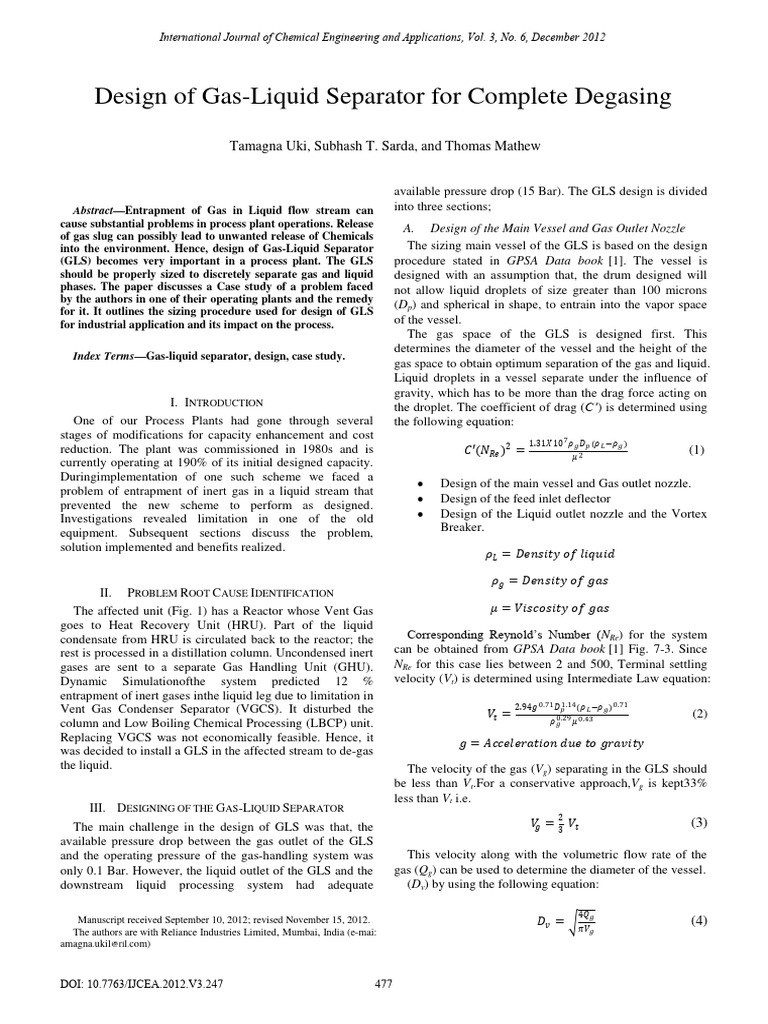 Design of Gas-Liquid Separator For Complete Degasing: Tamagna Uki ...