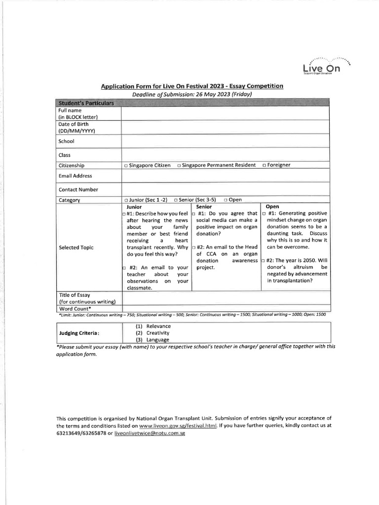 Application Form For Live On Festival 2023 - Essay Competition | PDF