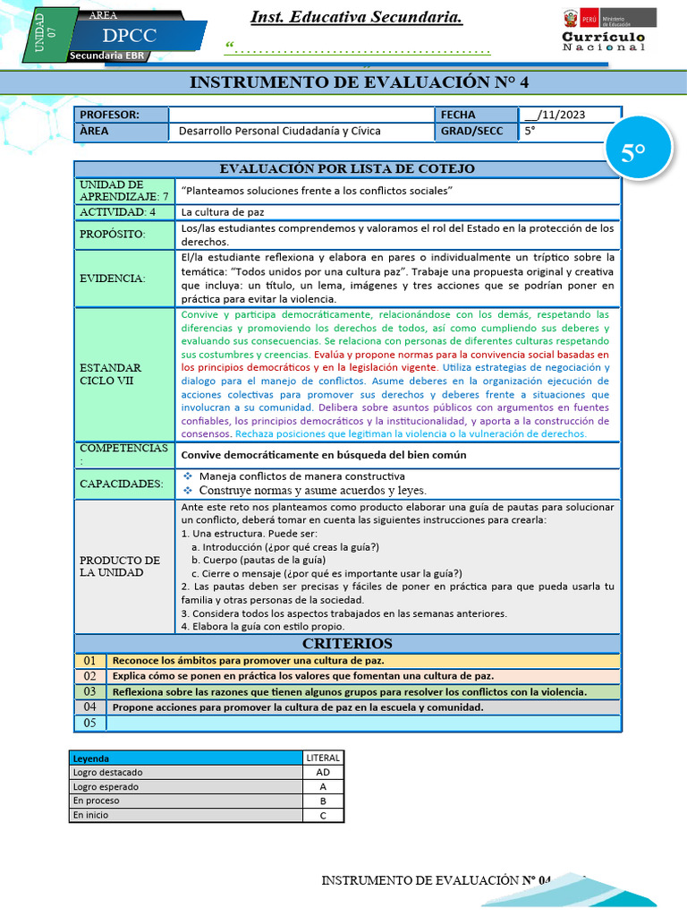 5º Dpcc- Lc Act.4 Uni 7 - Sem 04 | PDF | Evaluación