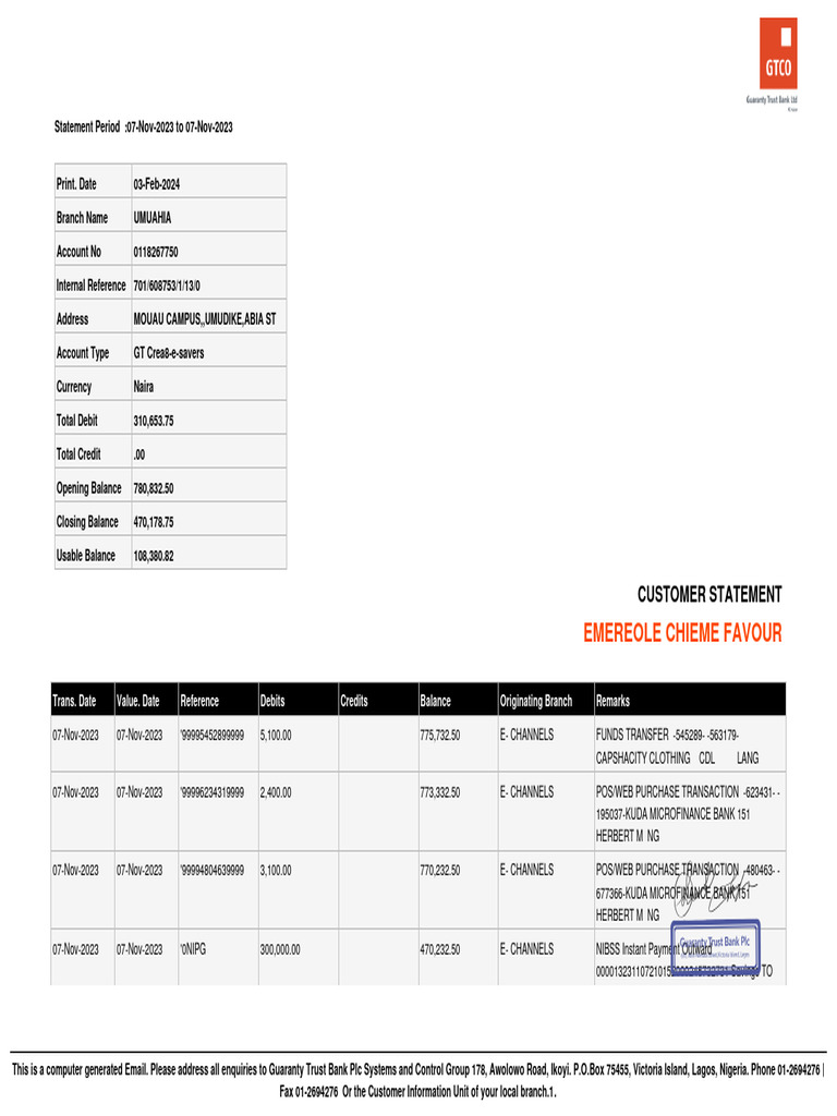 Emereole Chieme Favour: Customer Statement | PDF | Banks | Debit Card