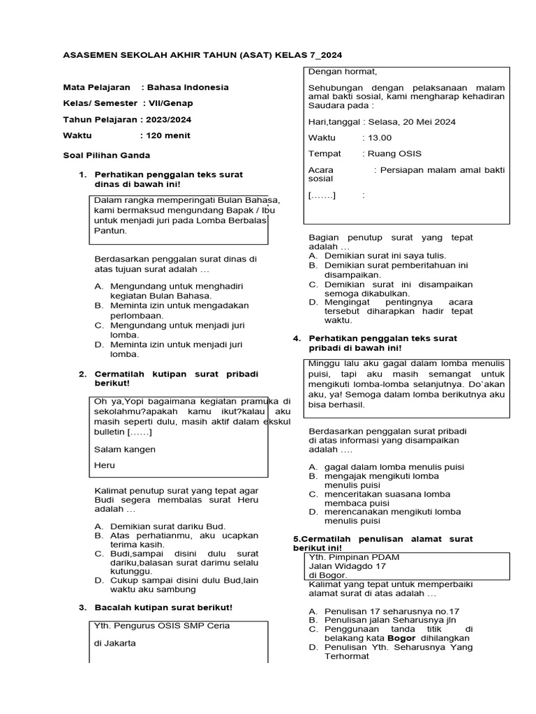 Soal Asat KLS 7 Sem 2 2023-2024 | PDF