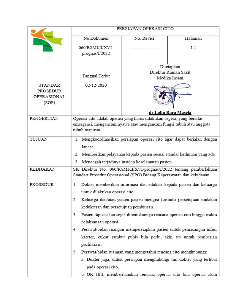 Sop Persiapan Operasi Cito | PDF | Teknologi & Rekayasa