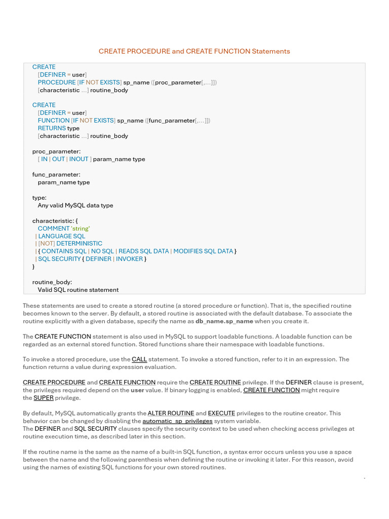 Sentencias CREATE PROCEDURE y CREATE FUNCTION | PDF | Parameter (Computer Programming) | Sql