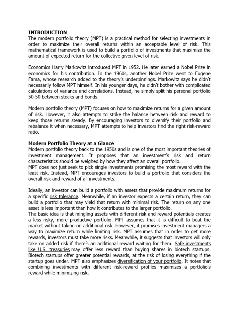 Modern Portfolio Theory Pdf Modern Portfolio Theory Financial Risk