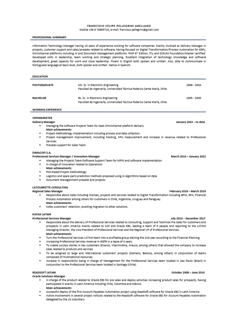 Resume Francisco Pellegrini | PDF | 3 G | Mobile Phones
