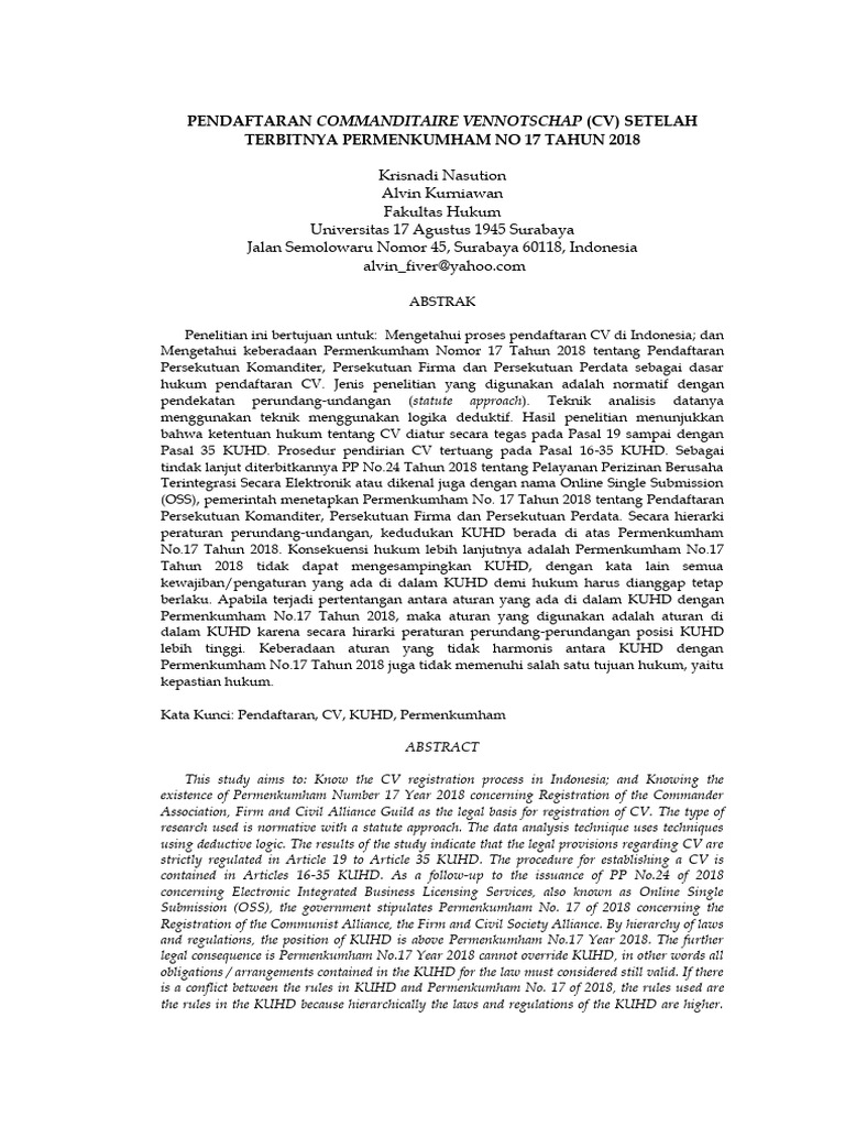 Pendaftaran Commanditaire Vennotschap (CV) Setelah Terbitnya ...