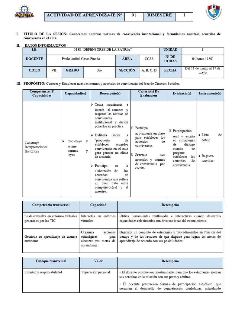 Actividad de Apredizaje 01 CCSS 3ro Sec | PDF | Maestros | Aprendizaje