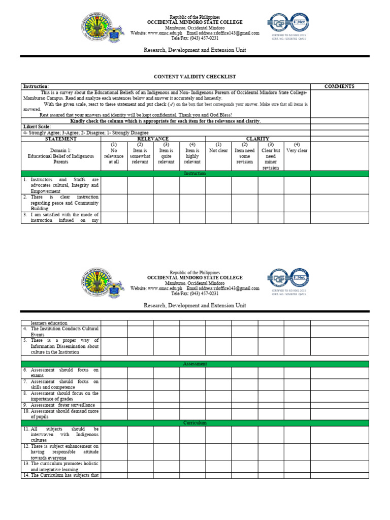 Content Validity Checklist Revised | PDF | Curriculum | Cognition