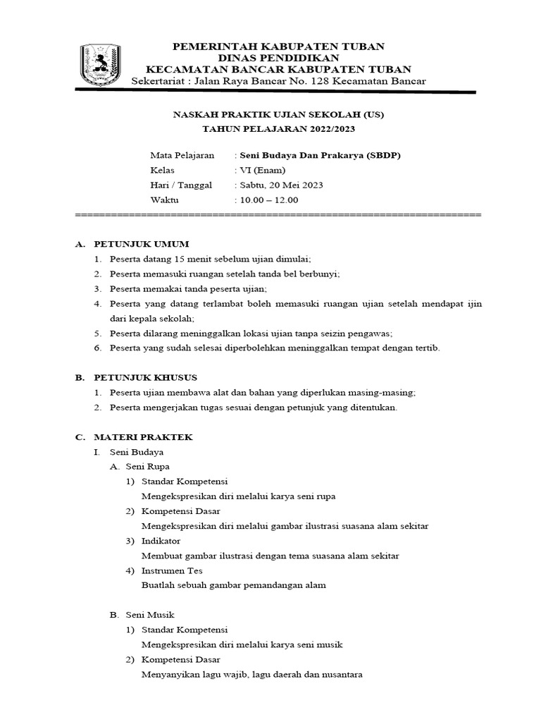 Naskah Ujian Praktik SBDP Kelas 6 Tahun 2022-2023 | PDF