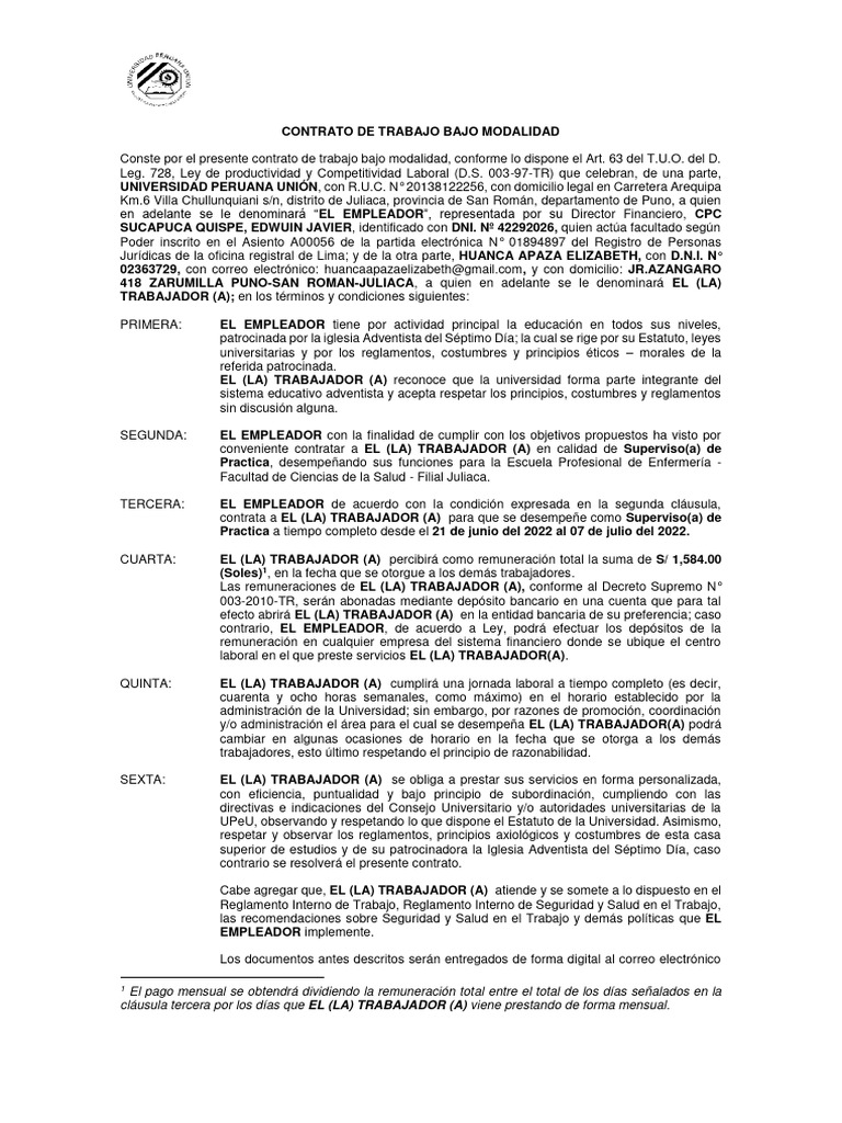 Huanca Apaza Elizabeth Contrato Laboral Upeu | PDF | Derecho laboral | Economias