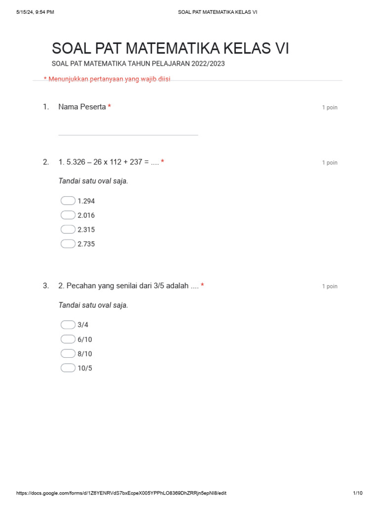 Soal PAT Matematika Kelas VI 2023 | PDF