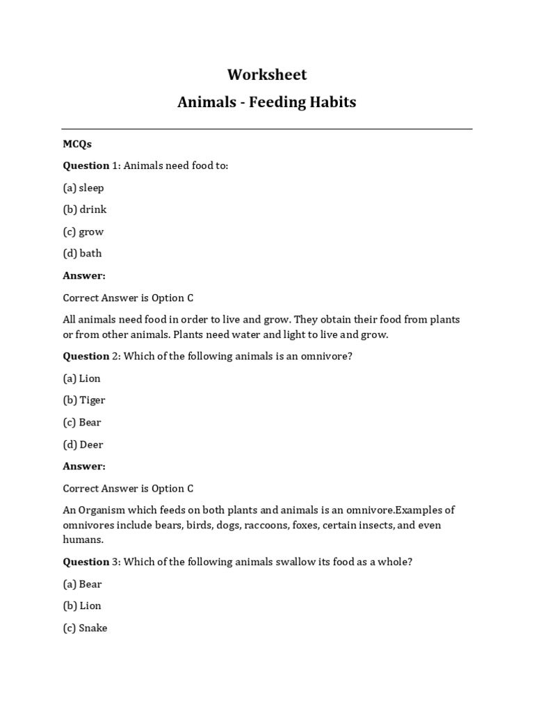 Class 3 Worksheet: Animal Feeding Habits | PDF | Foods | Herbivore