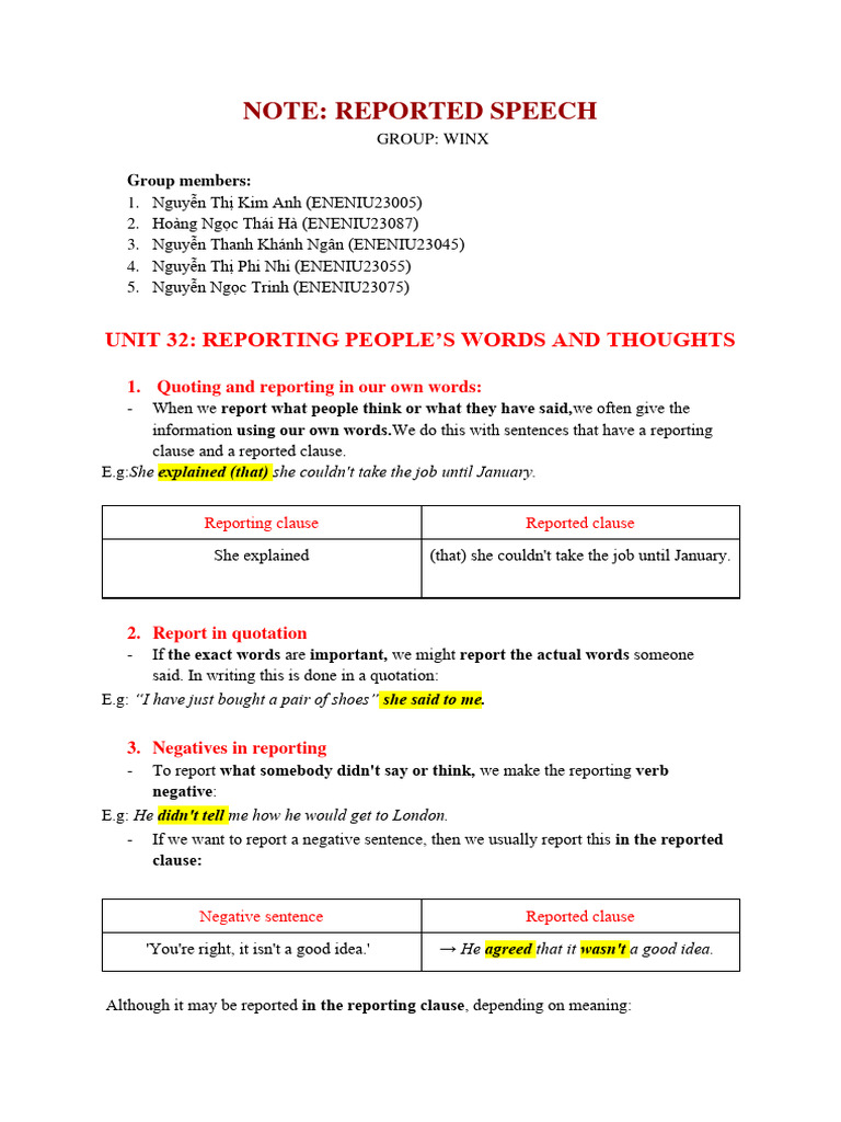 Winx - Note Reported Speech | PDF | Grammatical Tense | Adjective