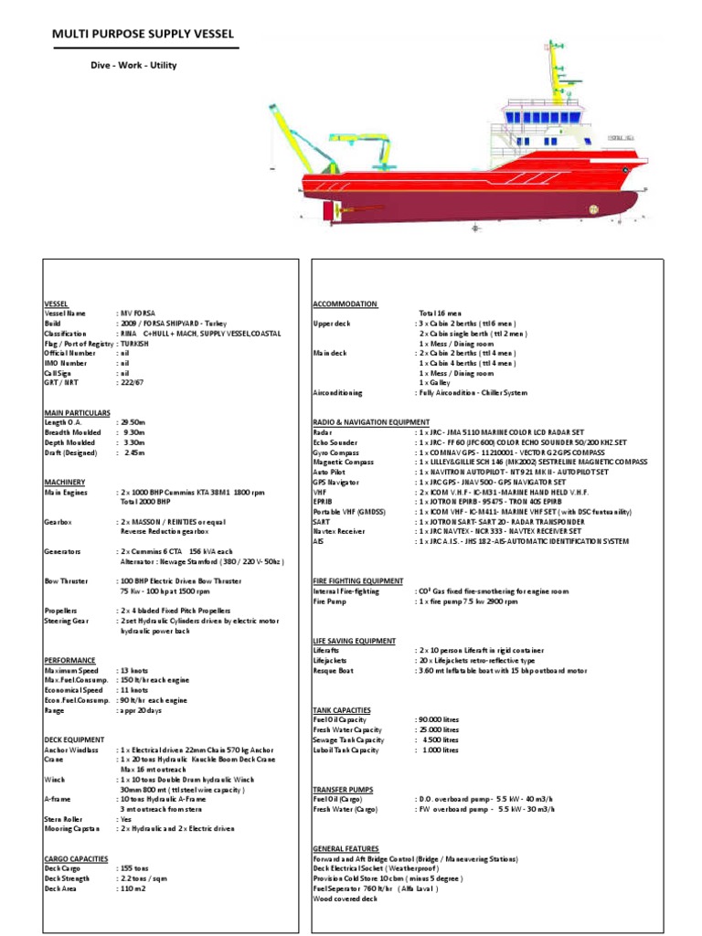 30mt Multi Purpose Vessel Spec | PDF | Crane (Machine) | Engines