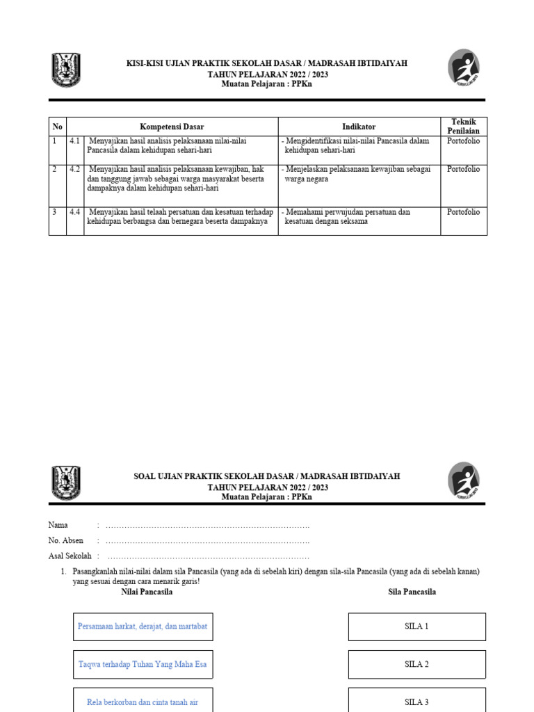 Kisi-Kisi Ujian Praktik PPKn SD 2023 | PDF
