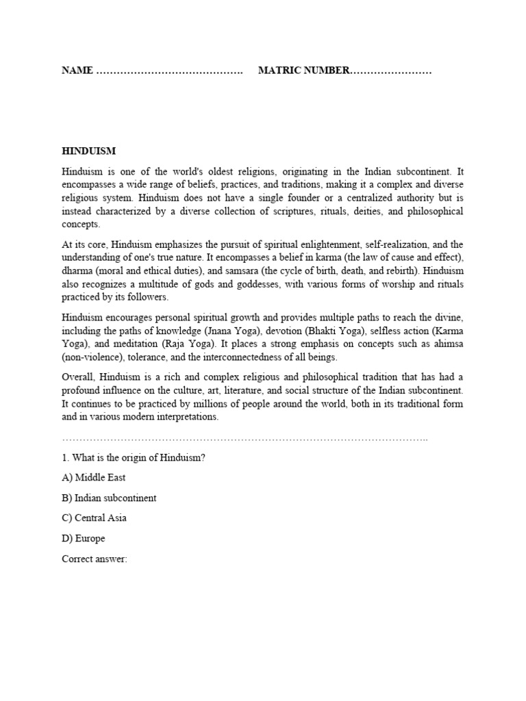 Week 8 - HINDUISM - Assessment Questions - Student | PDF | Devi | Moksha