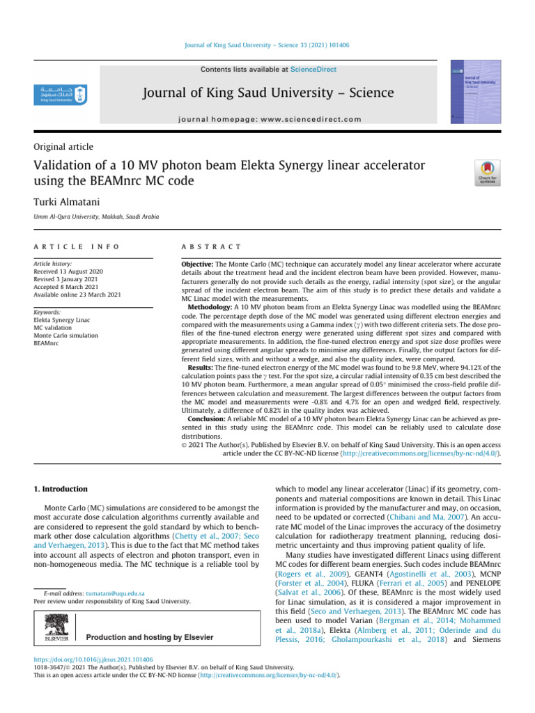 Validation of A 10 MV Photon Beam Elekta Synergy Linear Accelerator | PDF | Electron | Particle ...