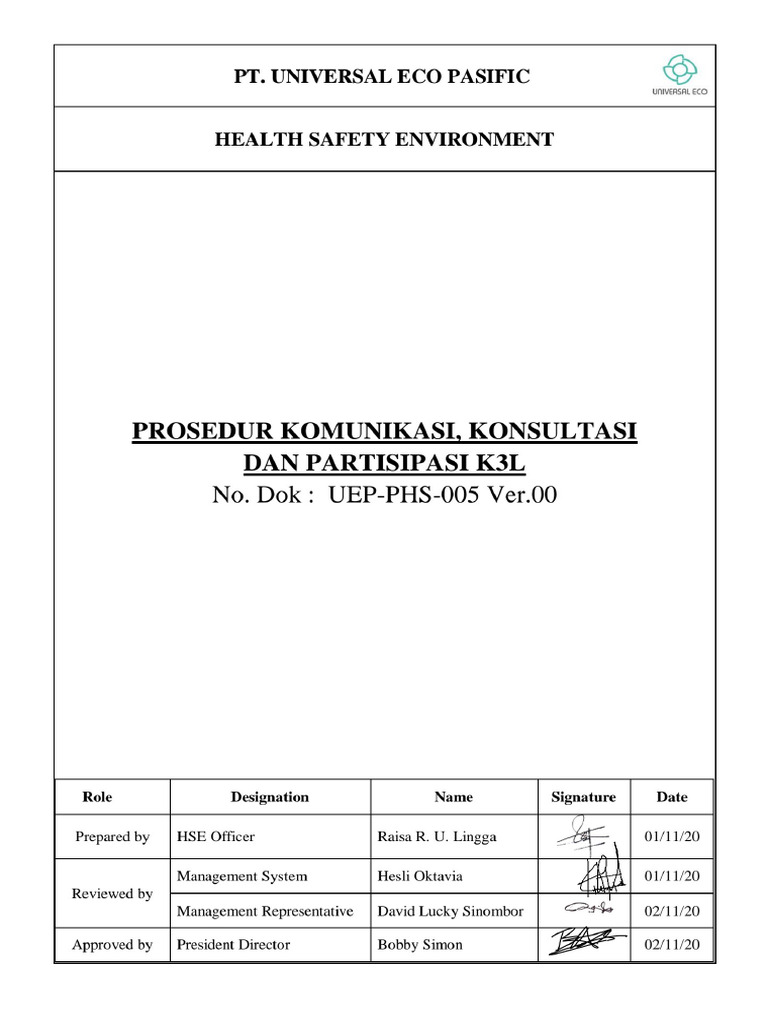 UEP-PHS-005 Komunikasi, Konsultasi, Dan Partisipasi K3L | PDF