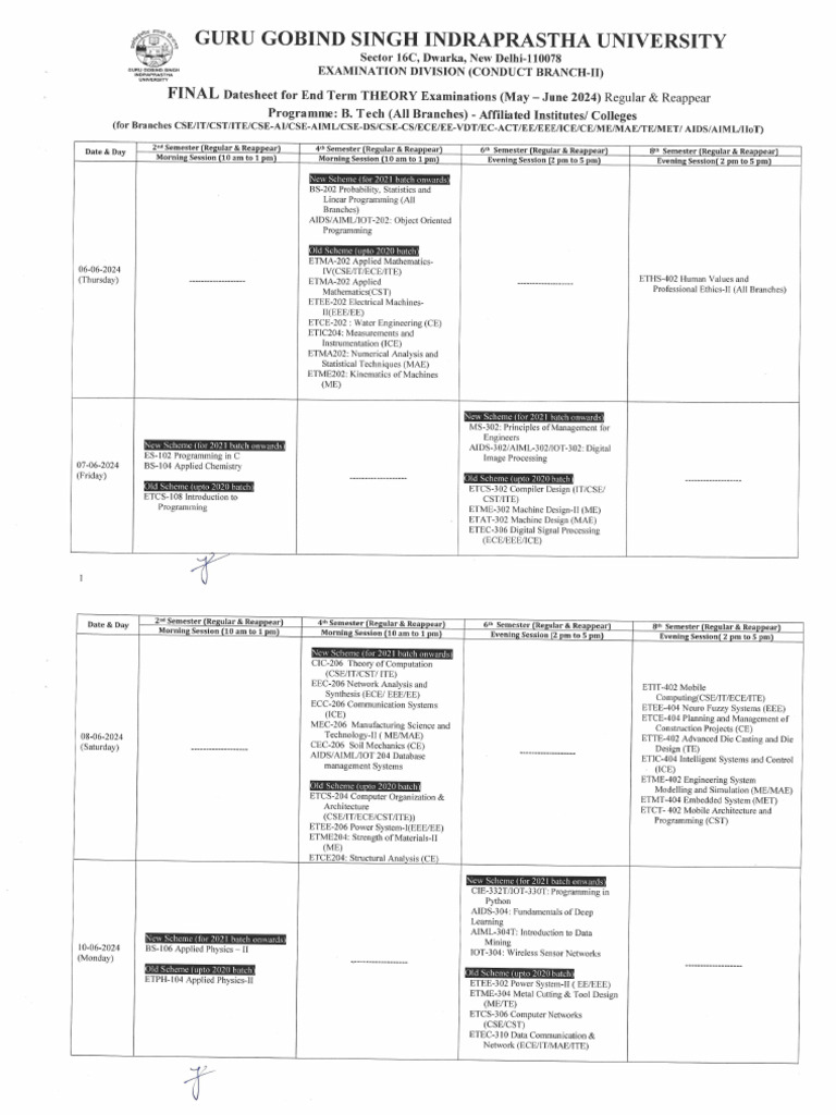 B.tech End Term Theory Date Sheet June 2024-1-12 | PDF