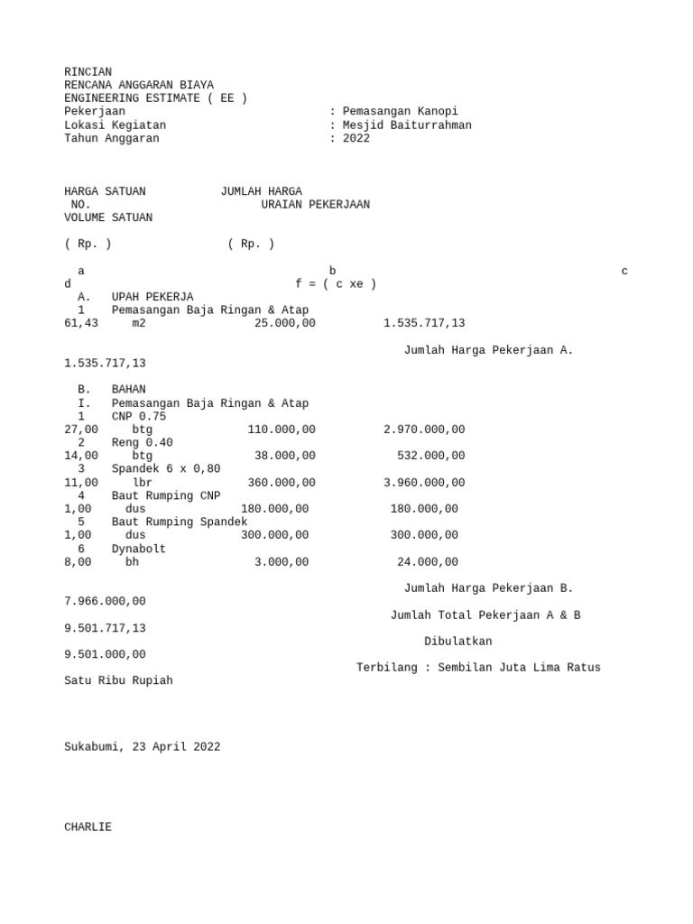 Anggaran Pemasangan Kanopi Mesjid 2022 | PDF