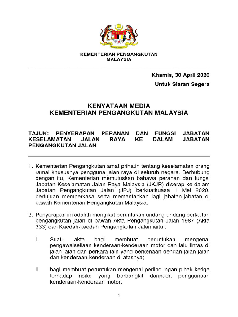Penyerapan Peranan Dan Fungsi JKJR Ke Dalam JPJ | PDF