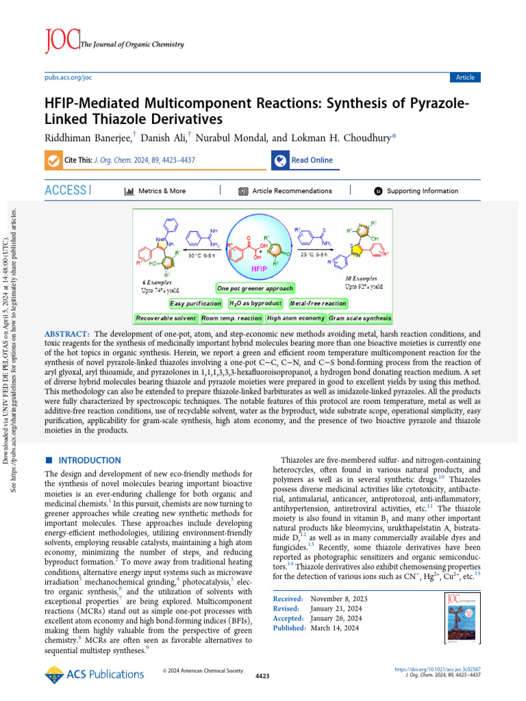 Banerjee Et Al 2024 Hfip Mediated Multicomponent Reactions Synthesis of Pyrazole Linked Thiazole ...