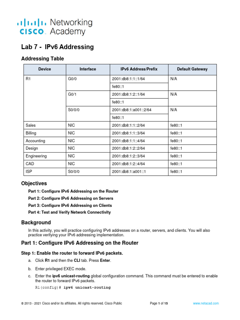 Lab 7 - IPv6 Addressing | PDF | I Pv6 | Internet