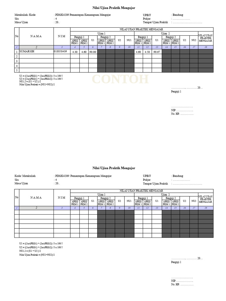 Contoh Form Rekap Nilai & Daft Hadir Ujian PKM PGSD | PDF