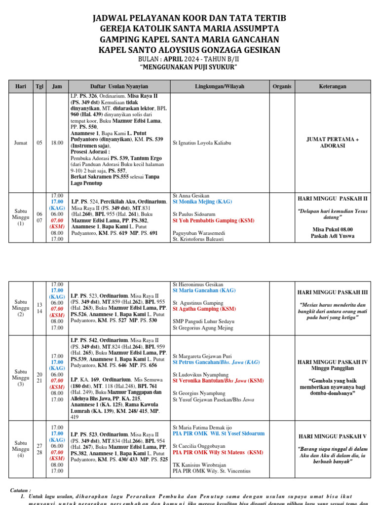 Jadwal Pelayanan Koor Dan Tata Tertib April - Juni 2024 | PDF | Agama & Spiritualitas