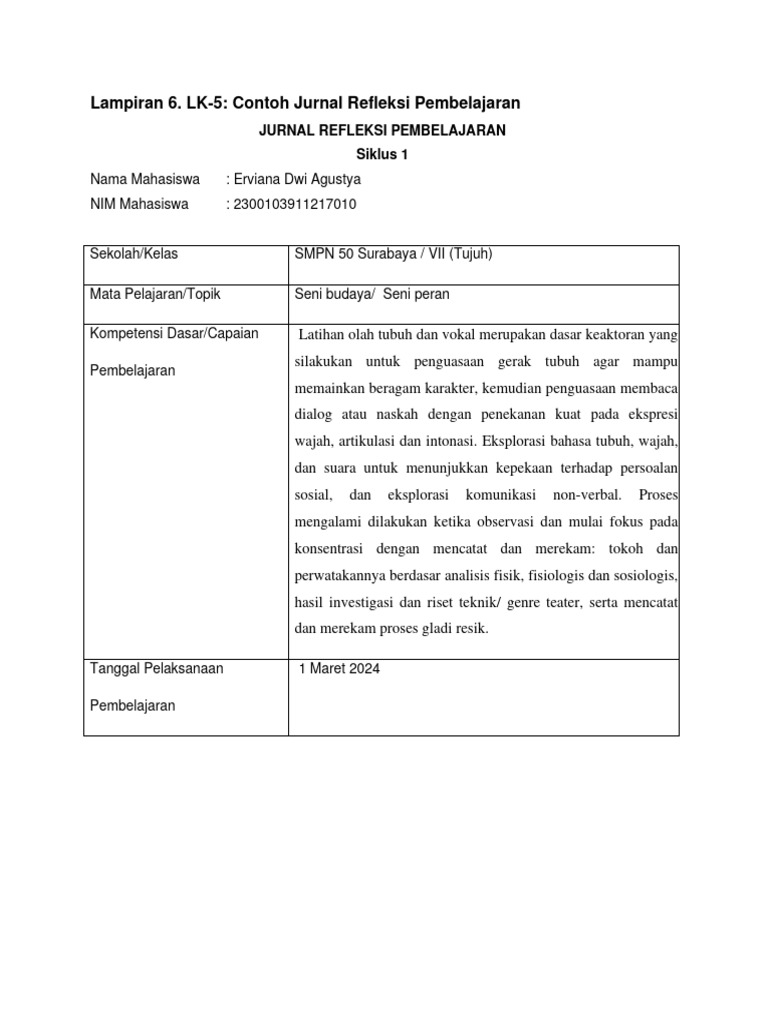 Erviana Dwi Agustya - Topik 3 - Lampiran 6. LK-5 Contoh Jurnal Refleksi ...
