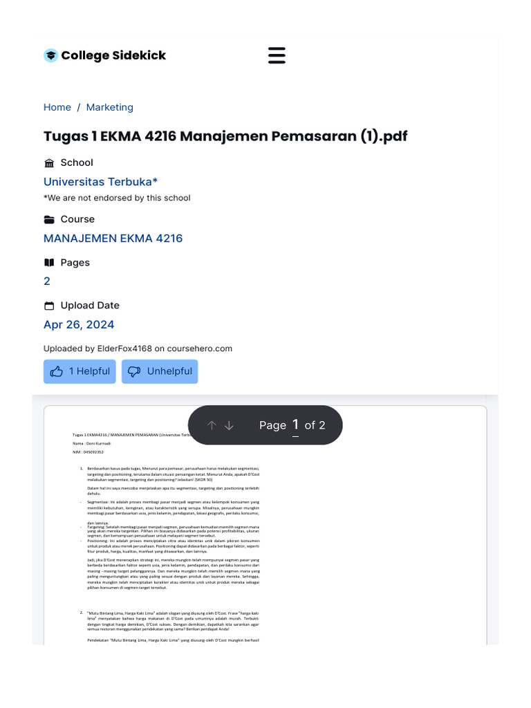 Tugas 1 EKMA 4216 Manajemen Pemasaran (1) .PDF - Tugas 1 EKMA4216 - MANAJEMEN PEMASARAN ...